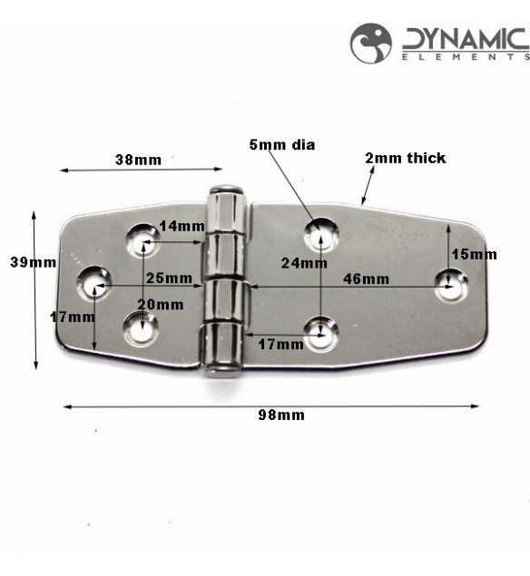 Stainless Hinge | Cabinet 39 x 98 x 2mm | Stamped